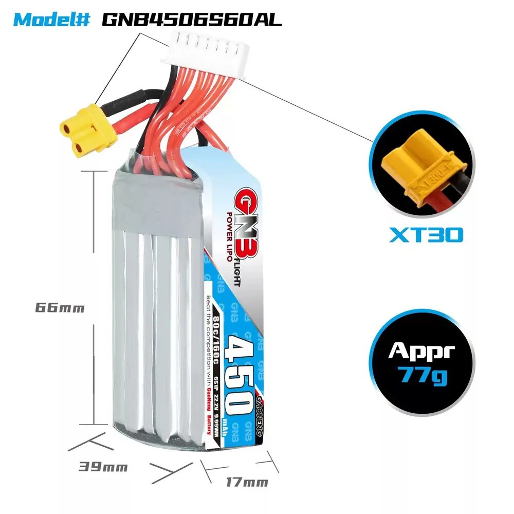 GAONENG GNB 450mAh 2S 7.4V 3S 11.1V 4S 14.8V 6S 22.2V 80C/160C XT30 Long Type Lipo Battery Аксессуары для игрушечных машин