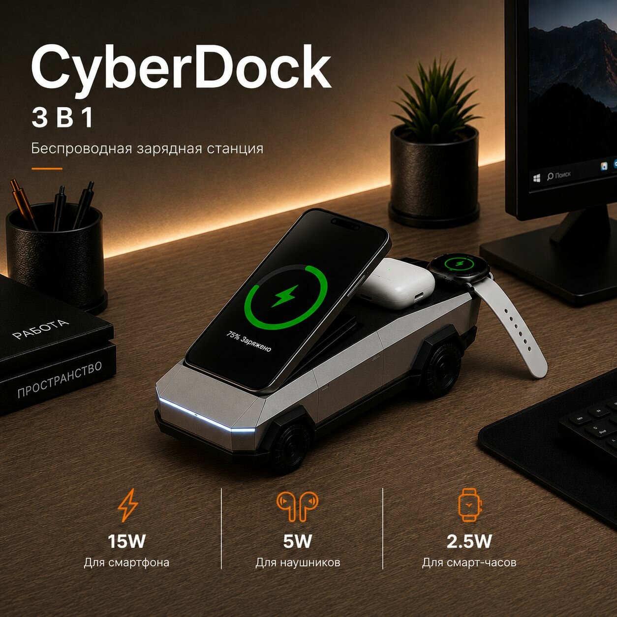 Cybertruck Беспроводная зарядка 3в1 для андроид и айфон с быстрой зарядкой QC/PD 9V-3A