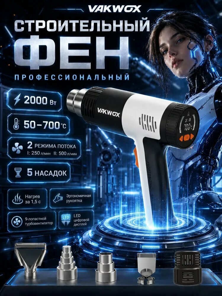 Фен строительный с регулировкой температуры с дисплеем, 700 градусов, 2000 Вт, защита от перегрева, насадка на фен мини 5 насадки для автомобильной пленки