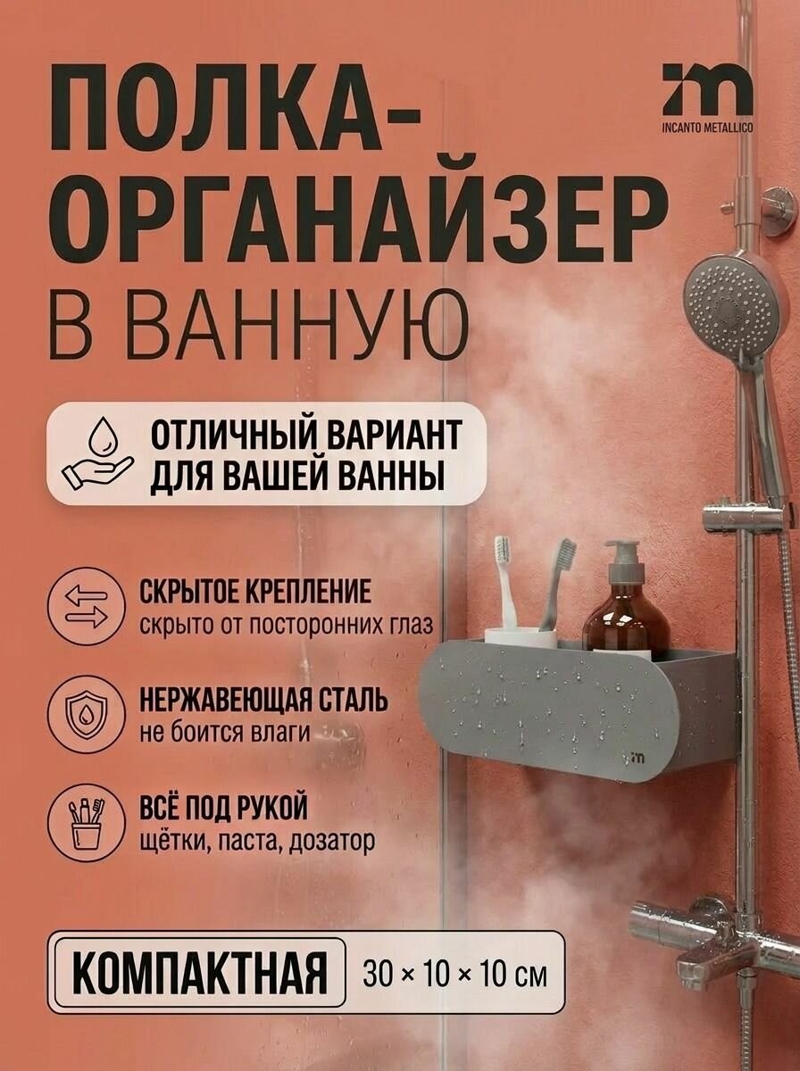 Полка для ванной настенная черная нержавейка 30 х 10 х 10 см, для шампуней и косметики