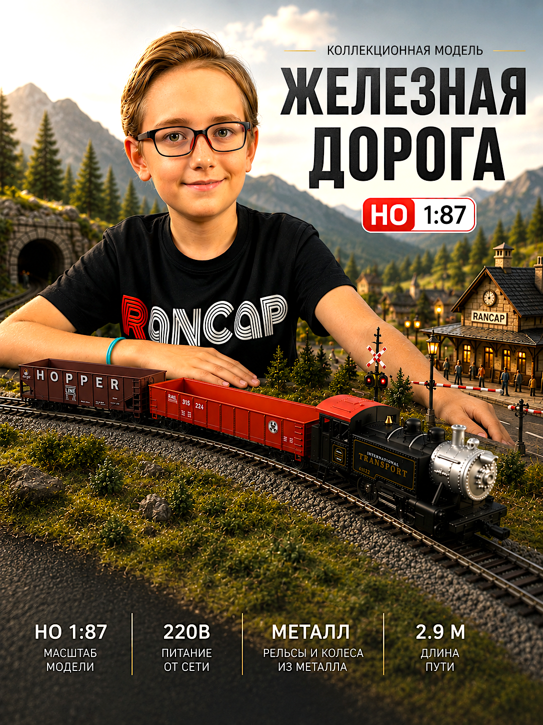 Железная дорога HO 1:87 с металлическими элементами на пульте управления. Модель железной дороги с поездом и вагонами