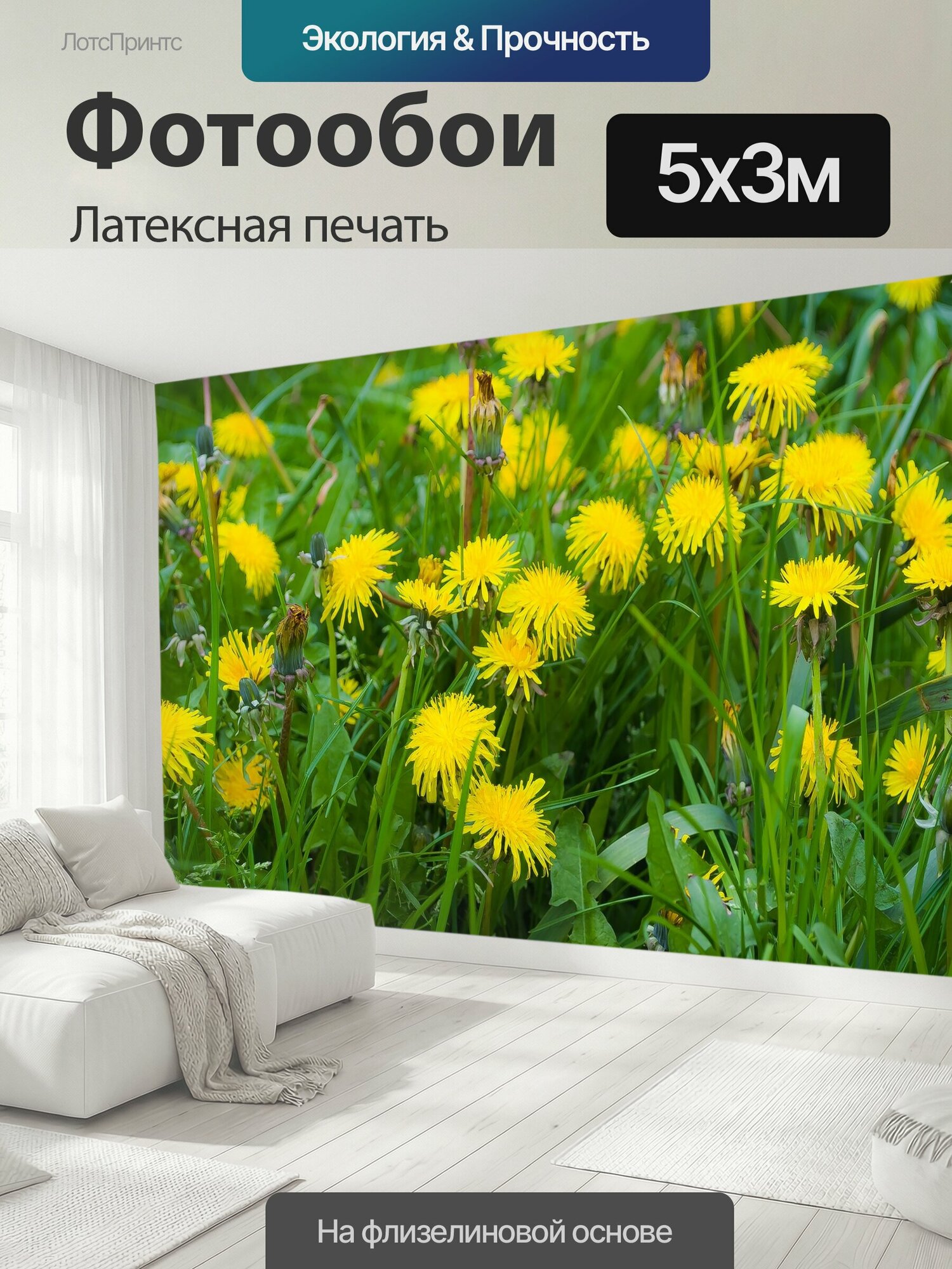 Фотообои моющиеся ударопрочные "Одуванчик, одуванчики, пух" 500x300 см. латексная печать