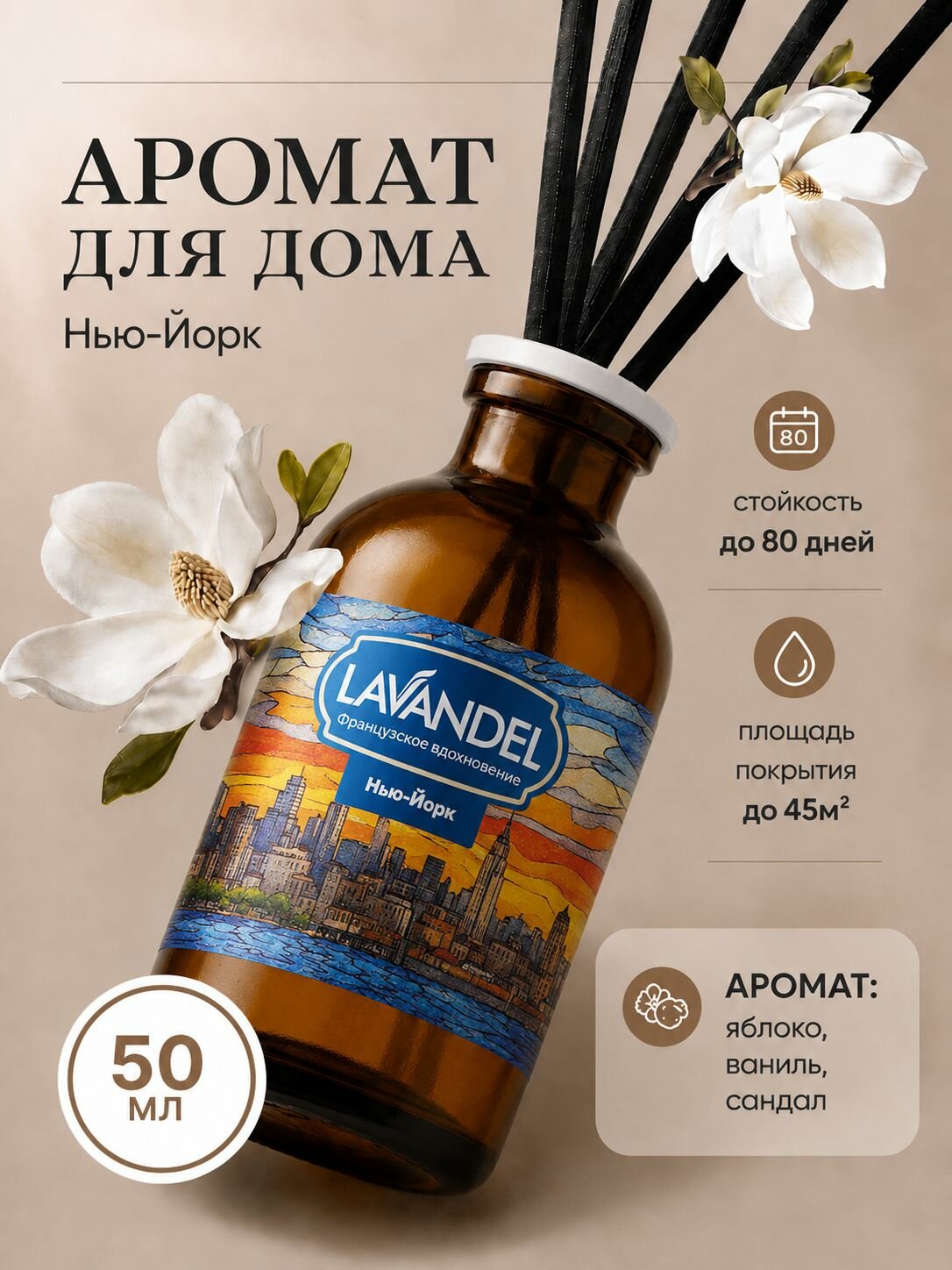 Диффузор для дома с палочками LAVANDEL "Нью-Йорк", 50 мл объем 50 мл домашний интерьерный