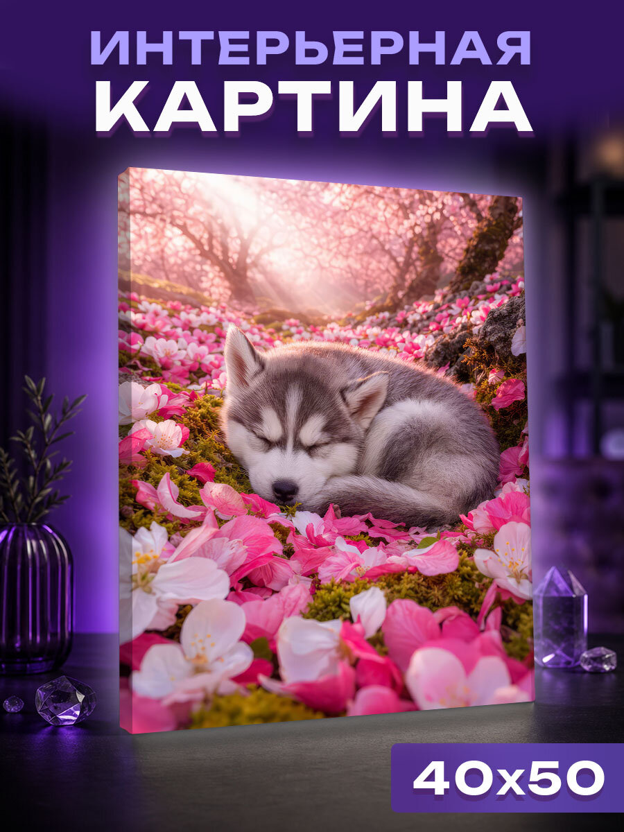Интерьерная картина щенок хаски в лепестках цветущей яблони