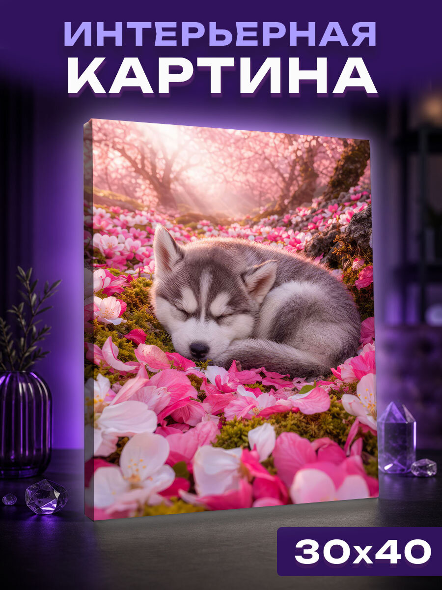 Интерьерная картина щенок хаски в лепестках цветущей яблони