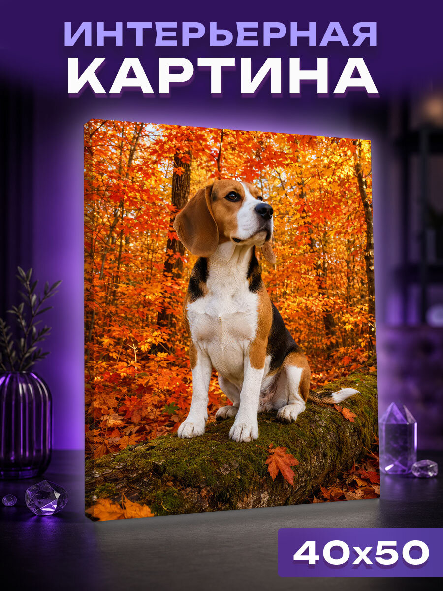 Интерьерная картина Бигль на охоте в лесу среди листьев