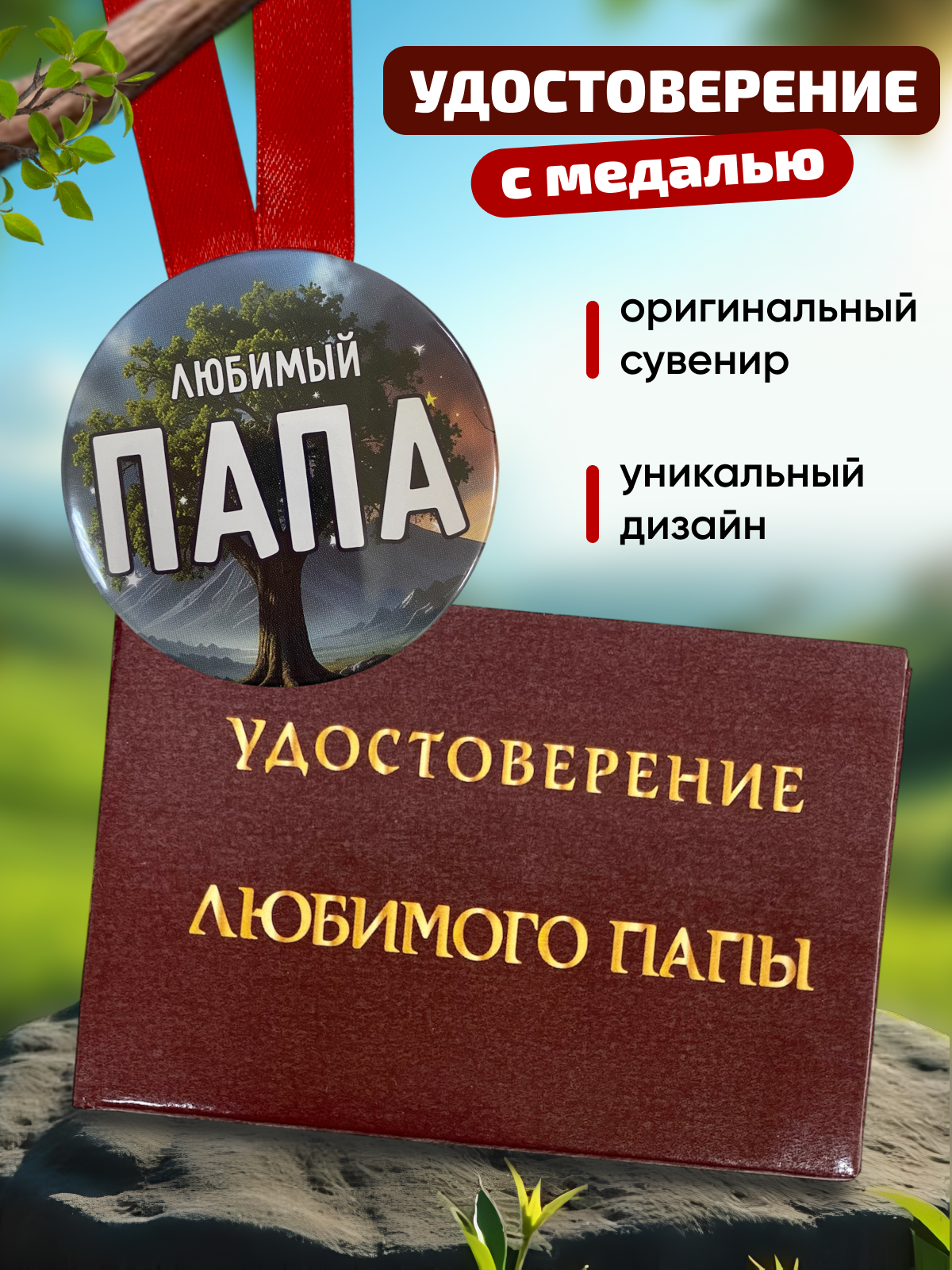 Прикольный набор Шуточное удостоверение "Любимого папы" + Медаль "Супер папа", подарок папе, дедушке