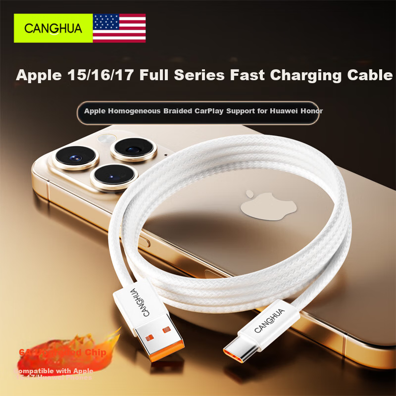 Кабель зарядки CangHua USB-C для iPhone 17/16/15 серии 6A быстрая зарядка из плетеного материала совместимость с Huawei