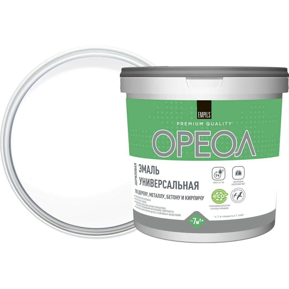 Эмаль акриловая полуматовая ореол универсальная белая 1.1 кг 86970