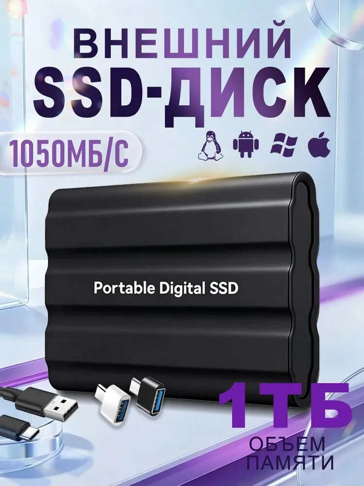 1 ТБ Внешний жесткий диск (SSD 1ТБ), Металл, черный