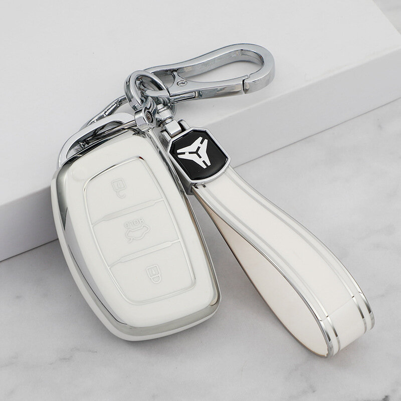 PE-чехол для ключей автомобилей Hyundai с серебристо-белым краем и 3 ключами, средний багажник, короткая пряжка