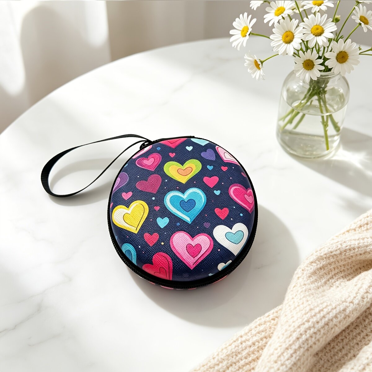 Круглый жесткий чехол для наушников с принтом Colorful Love, портативный, на молнии, универсальный для хранения кабелей, флешек и зарядных устройств.