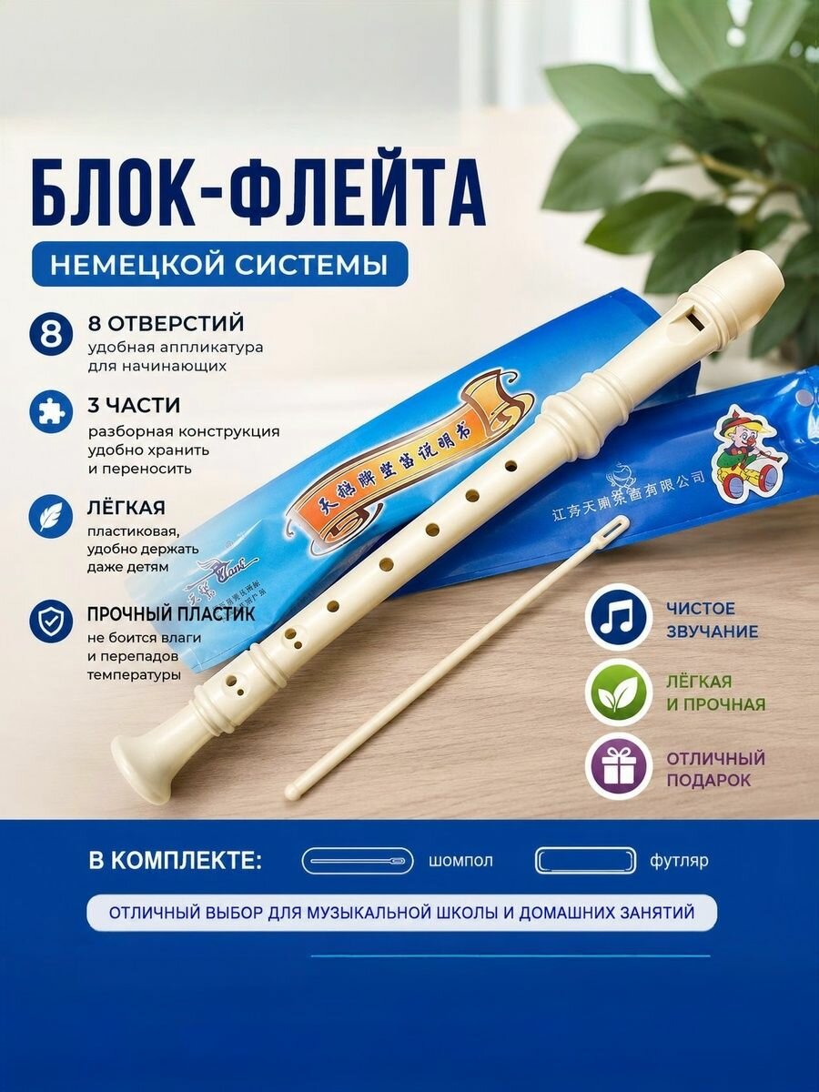 Блок-флейта немецкой системы, 8 отверстий. 3 части. Шомпол в комплекте