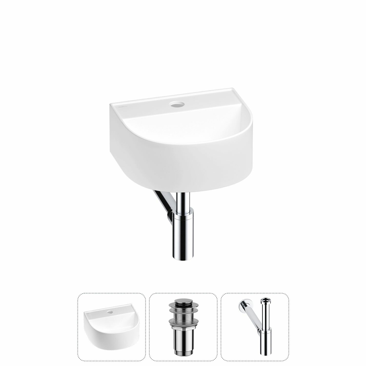 Подвесная раковина для туалета или ванной Wellsee WC Area 20212113R в наборе 3 в 1: мини раковина 32 см (белый глянец), донный клапан, сифон (цвет набора хром)