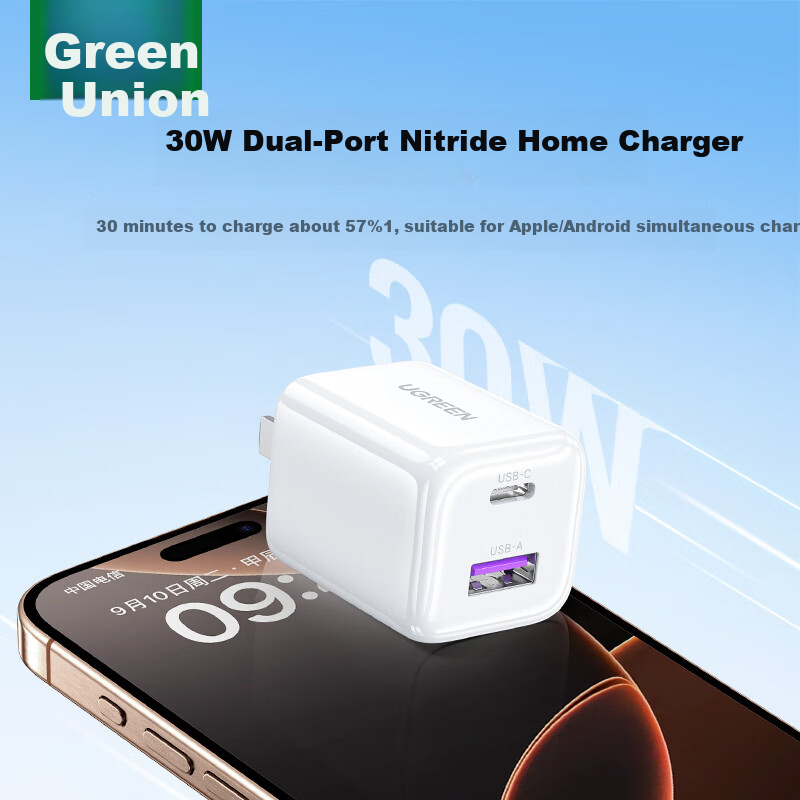 UGREEN 30 Вт GaN двойной порт Type-C быстрая зарядка для iPhone 16/17/15 Pro Max Plus iPad Huawei