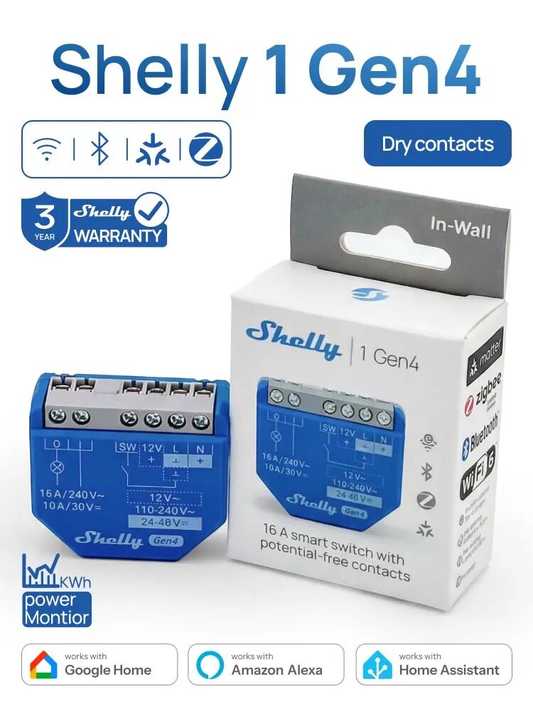 Shelly 1 Gen4 Zigbee Dry Contac Matter Умный прибор для дома с Wi-Fi: управление гаражной дверью, Smart Life, Alexa, Google Home и HomeKit