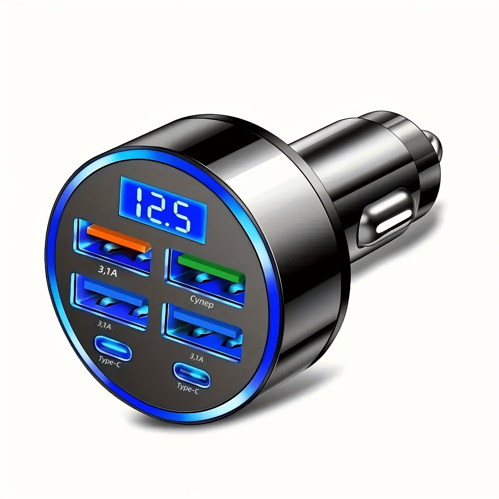 Автомобильное зарядное устройство 6-в-1 с QC3.0, двойным PD и цифровым дисплеем, черный