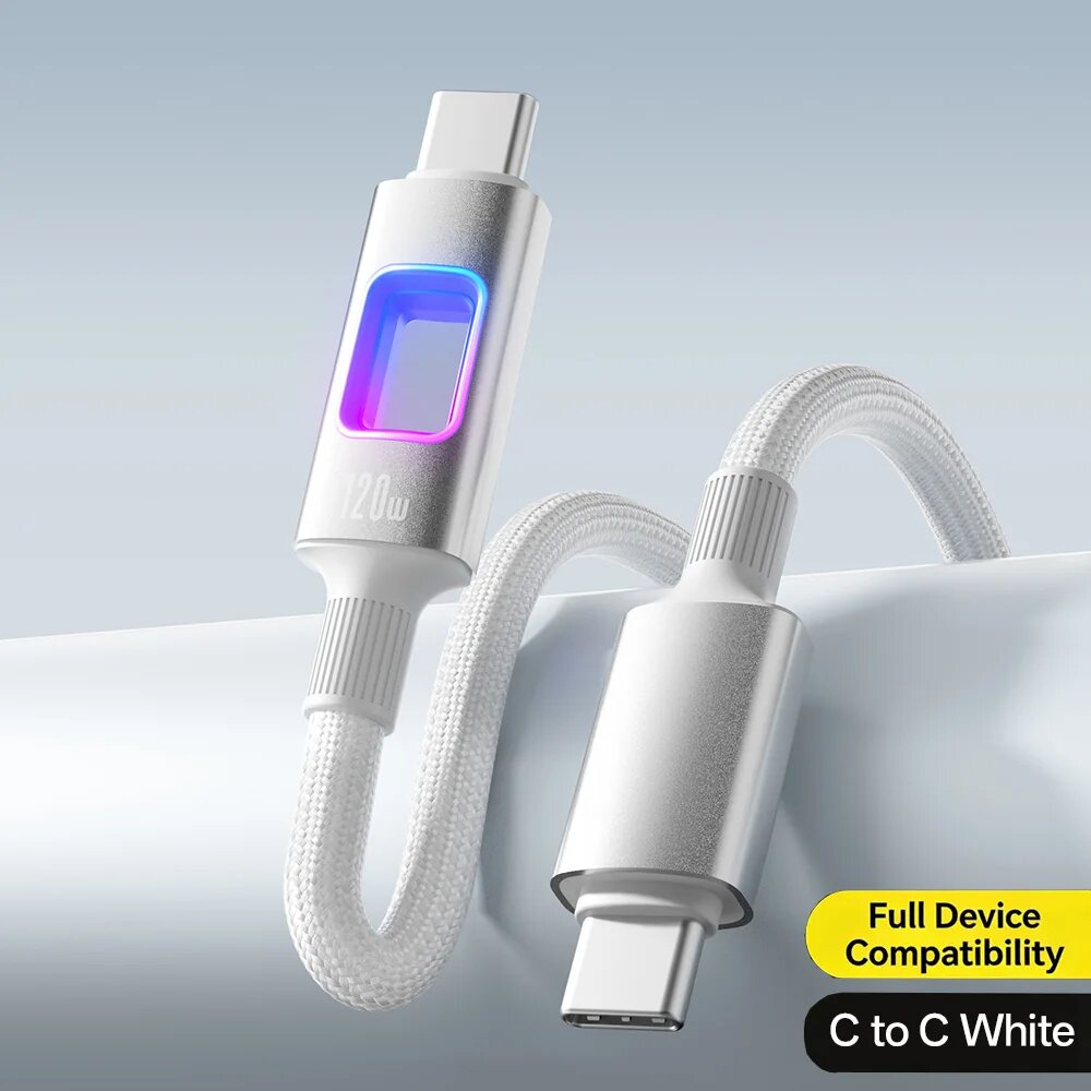 Кабель NNBILI USB-C - Type-C 120 Вт С RGB-подсветкой Для Быстрой Зарядки И Белый, 1m, C to C White
