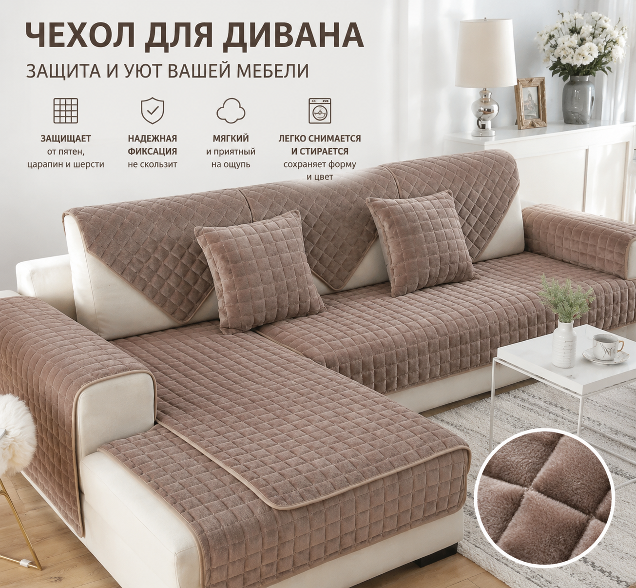Коричневая стёганая накидка на угловой диван с ромбовидной фактурой, противоскользящая мягкая покрывалка, 140 см х 90см