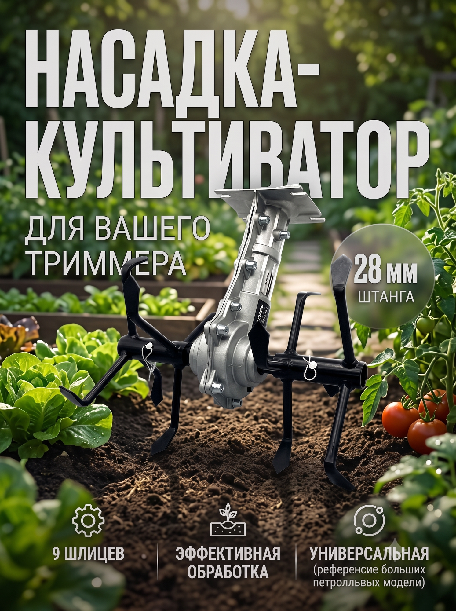 Насадка культиватор (почворез) для бензотриммера гусиные лапки, штанга 28мм, вал 9 шлицев