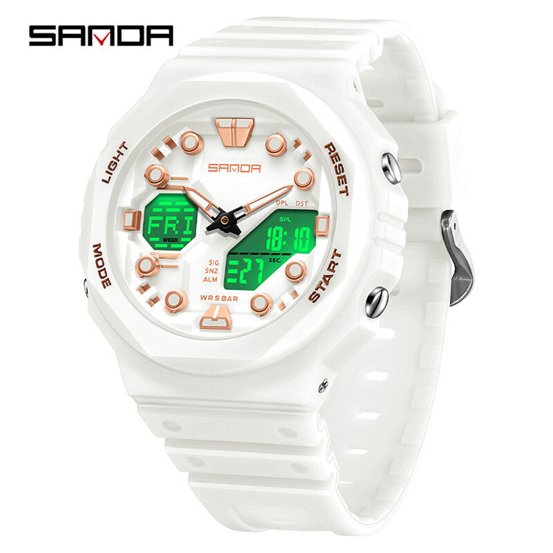 SANDA 6200 Белые с розовым золотом цифровые наручные часы для студентов с прозрачным ремешком, водонепроницаемые, с