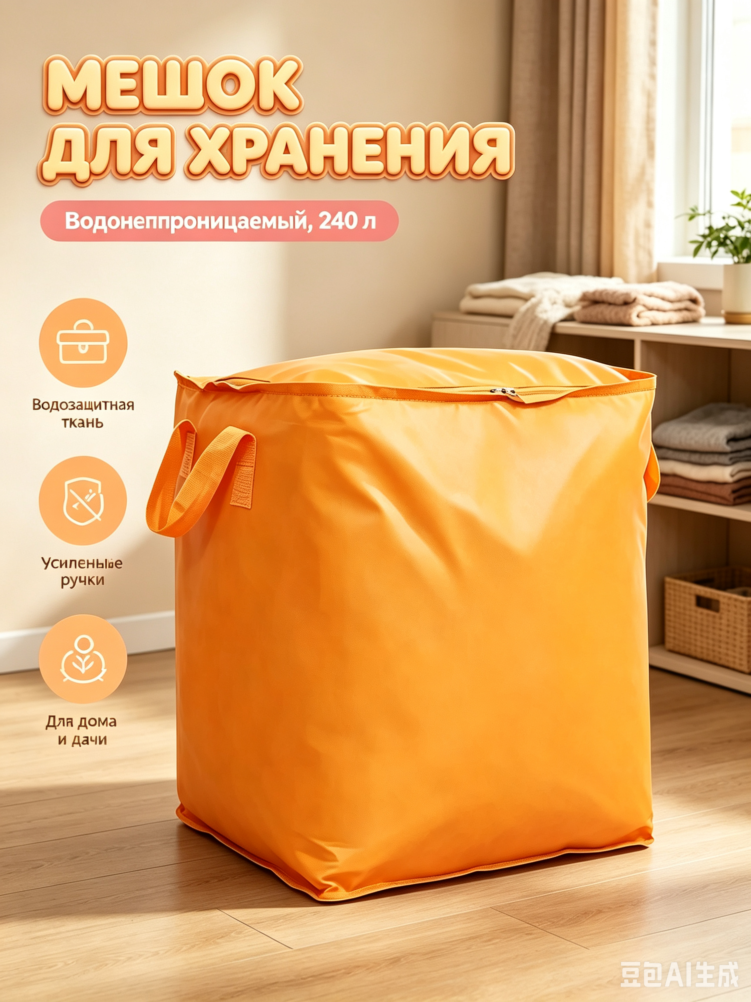 Мешок для хранения 240 л, водонепроницаемый, с молнией и ручками, для одежды, одеял и переезда