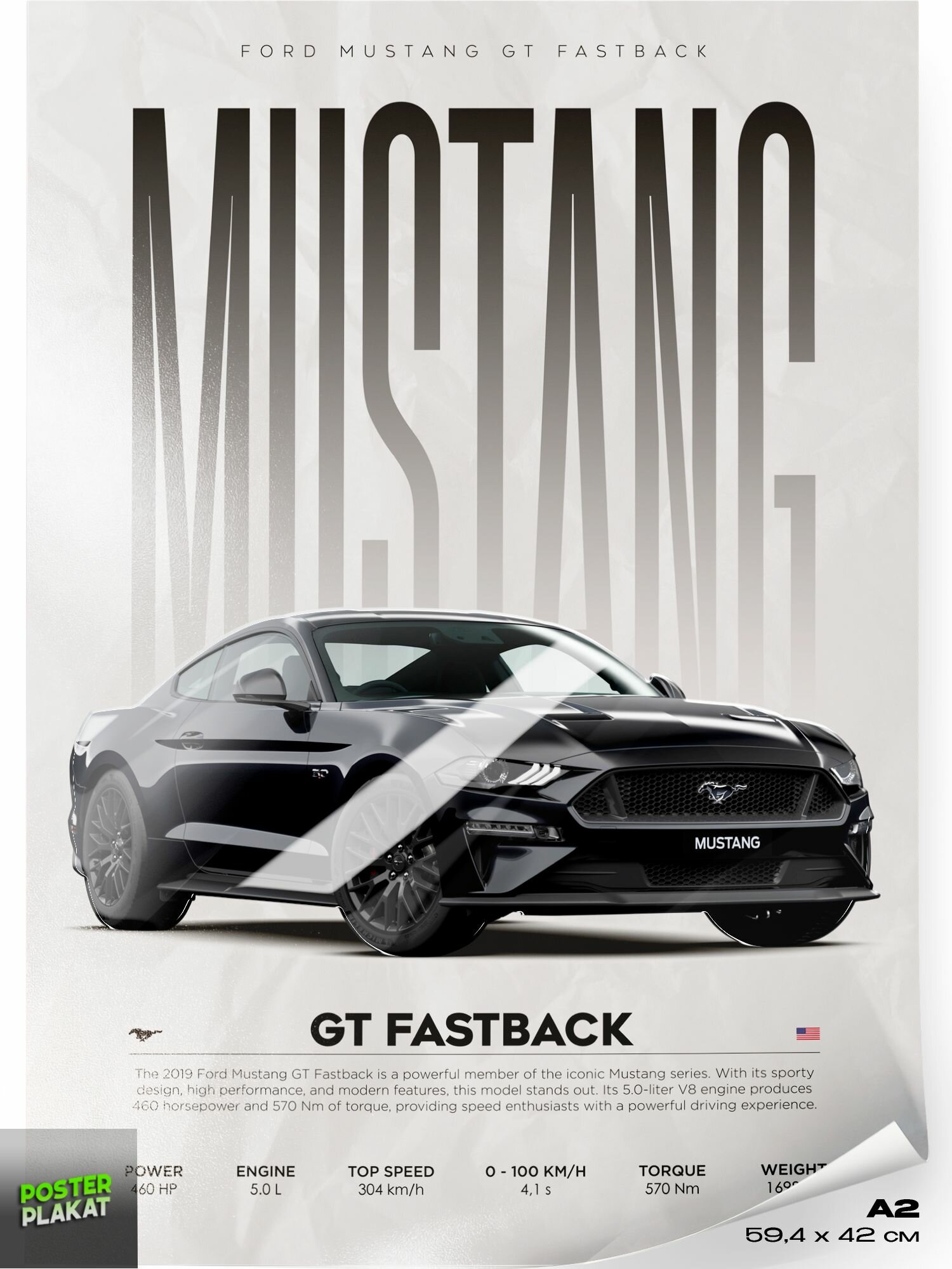 Постер на стену с машинами, Ford Mustang GT Fastback, авто Форд Мустанг, для интерьера, А2 (60 х 42 см), Постер Плакат