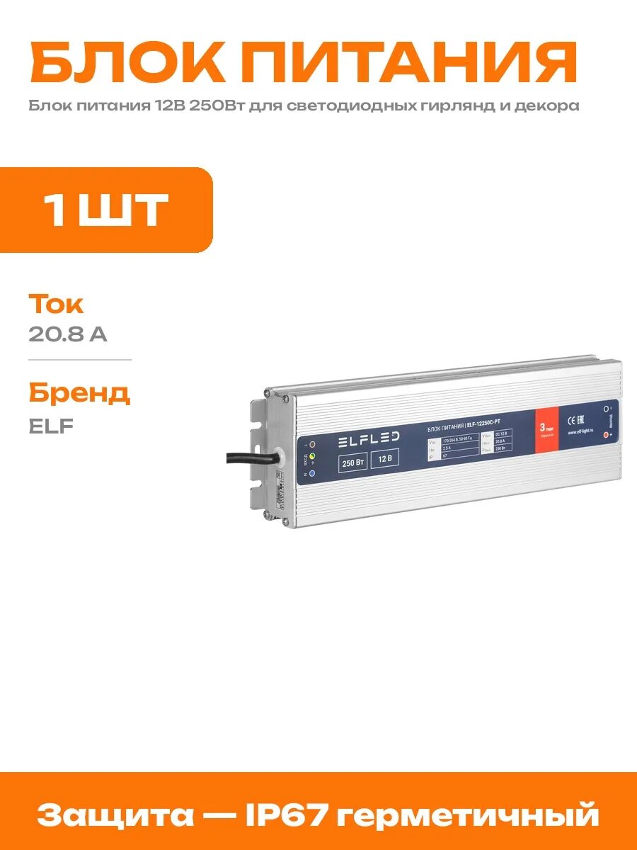 Драйвер для Led 12В 250Вт блок питания со свободными жилами