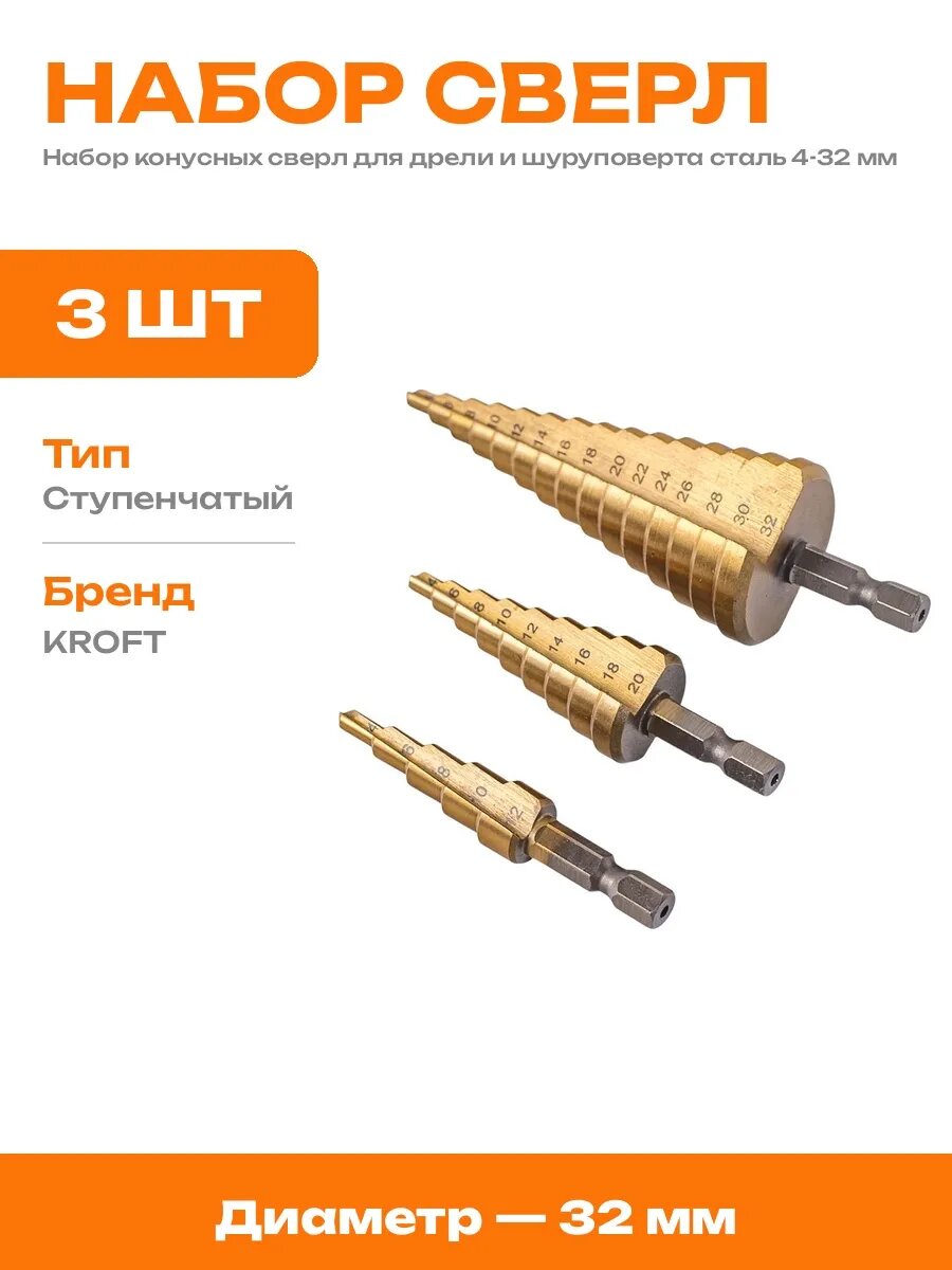 Конусное сверло по металлу 4-32 мм шестигранник сталь 1/4HEX