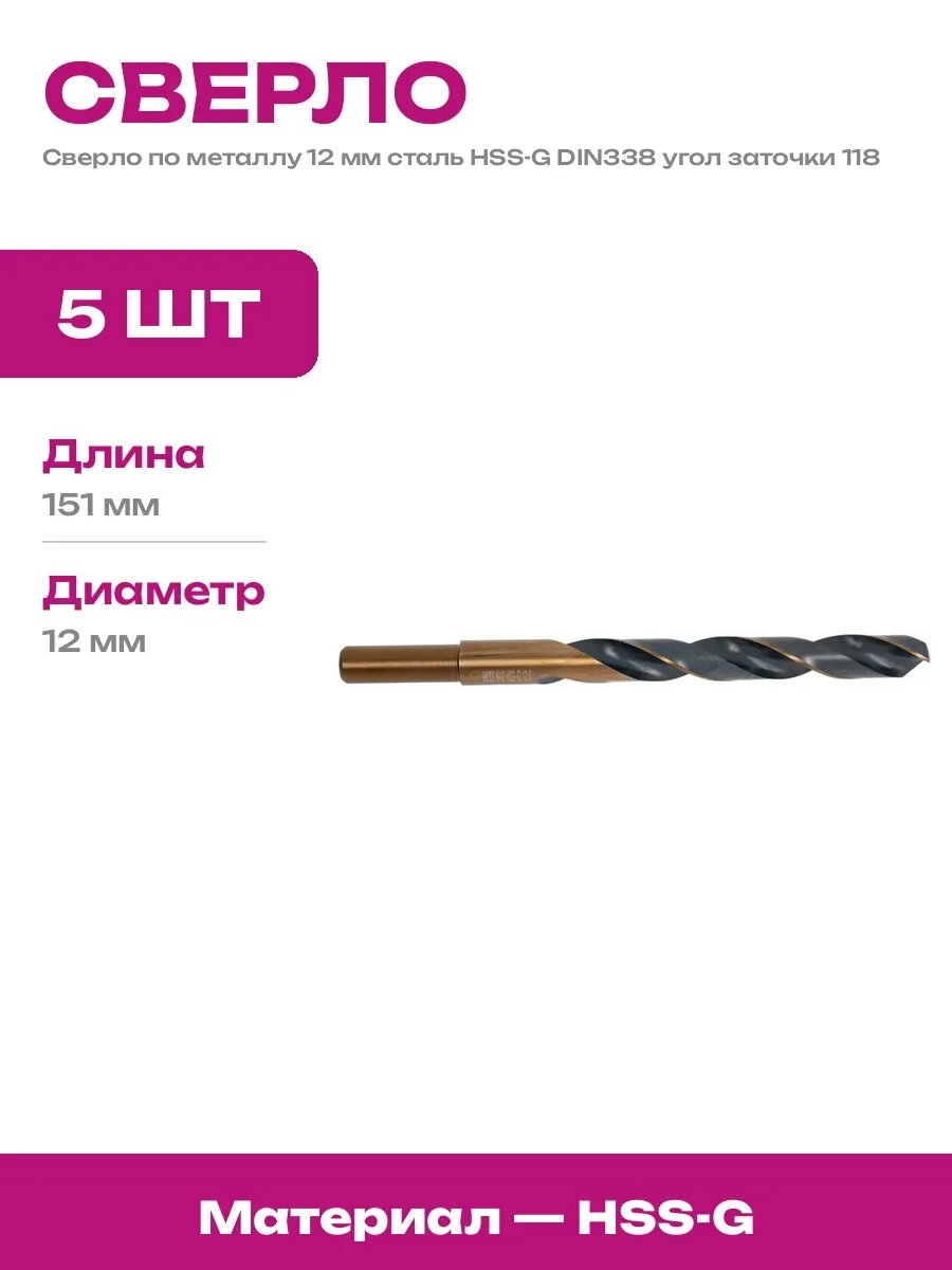 Набор сверл по металлу 12 мм 5 шт хвостовик 10 мм DIN338