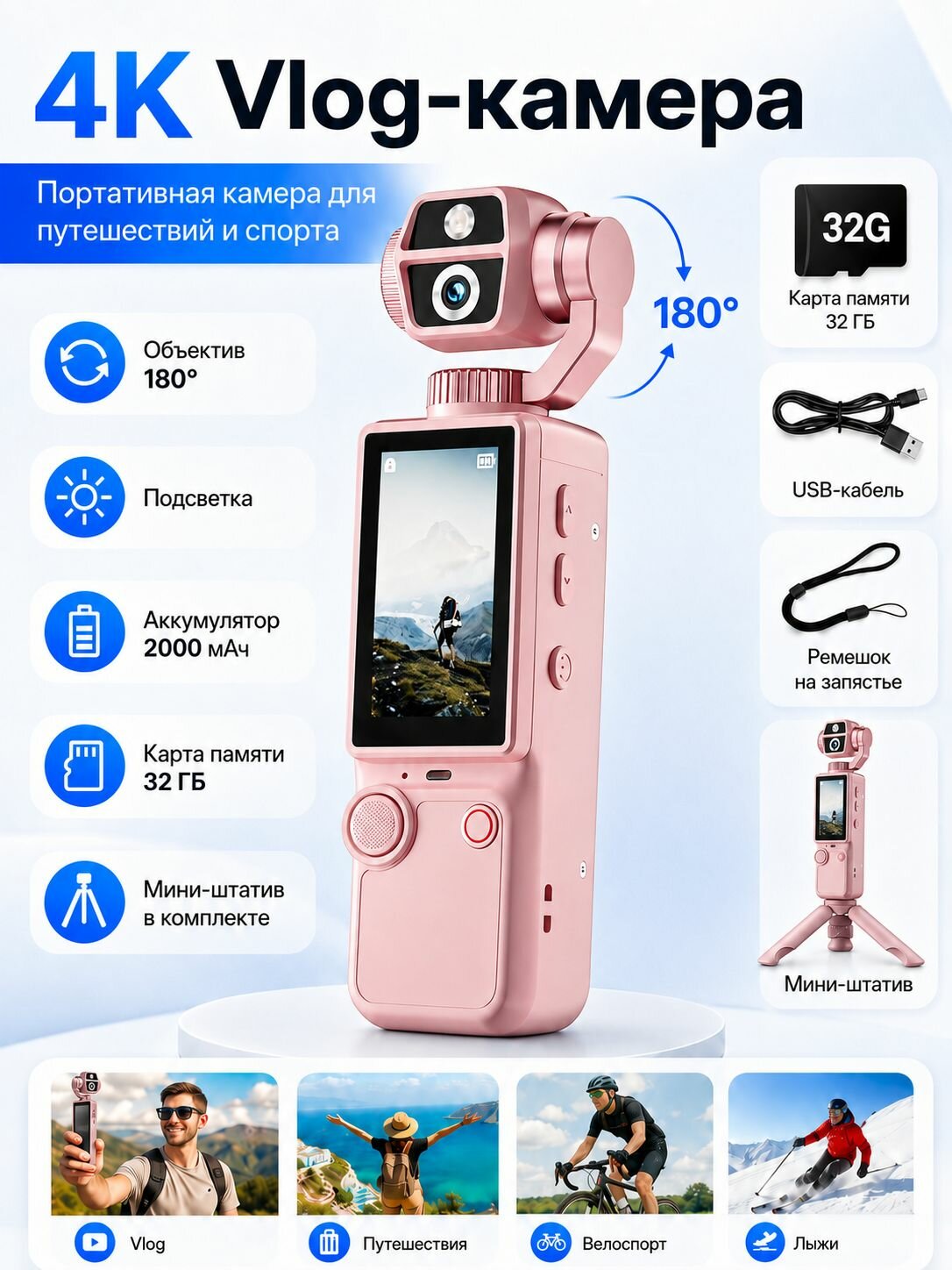 4K ультра HD экшн-камера для Vlog с 180 поворотным объективом, 5MP камера с подсветкой, аккумулятор 2000mAh, 32GB карта памяти, штатив, для путешествий, велоспорта, лыж