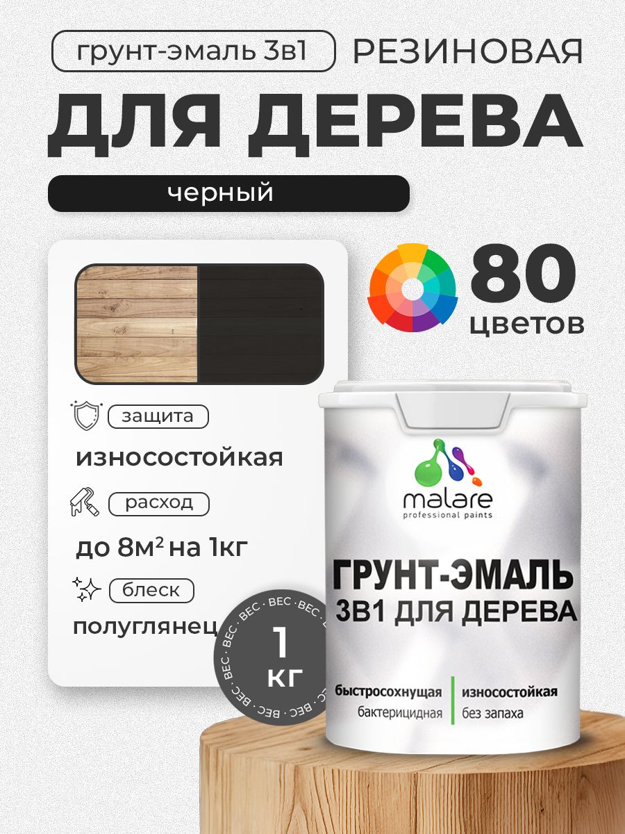 Резиновая Грунт-Эмаль 3 в 1 Malare для деревянных поверхностей/ краска по дереву с антисептическим эффектом/ быстросохнущая моющаяся без запаха полуглянцевая, черный, 1 кг