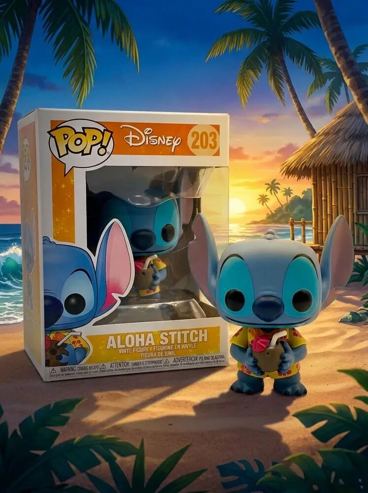 Фигурка Funko Pop! Disney "Алоха Стич" (№203), 9.5 см, Лазурный/Голубой/Желтый
