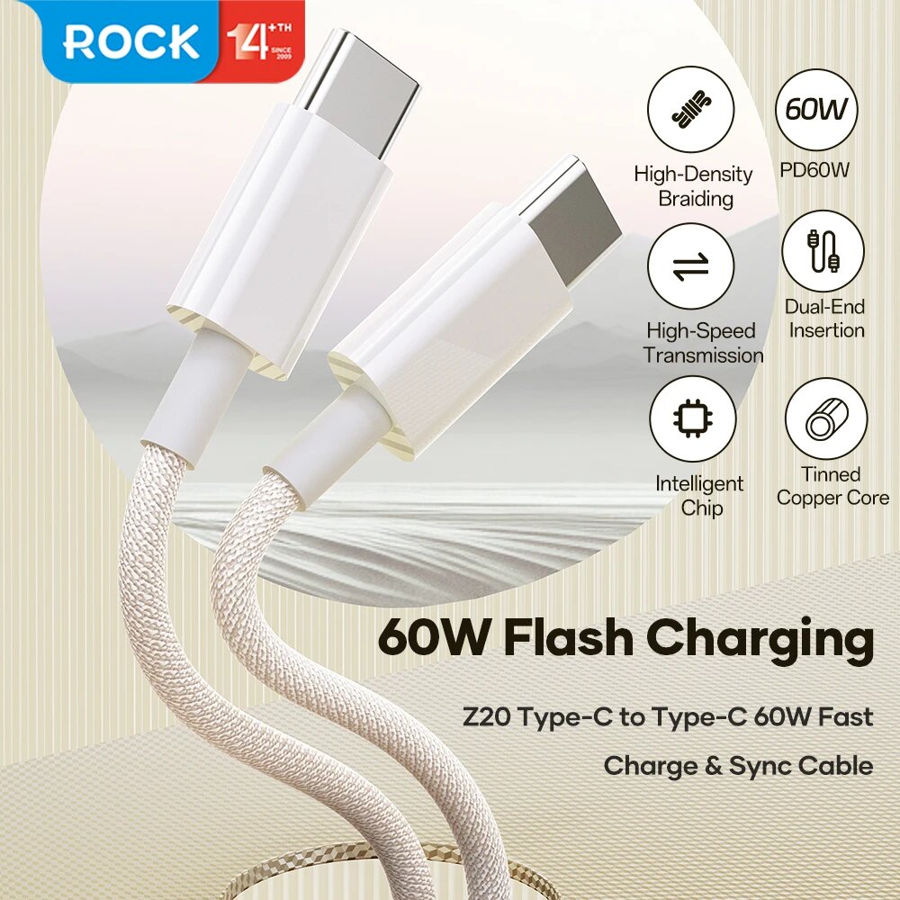 Кабель для быстрой зарядки ROCK PD 60W Type-C - Type-C, 1 м, для MacBook Pro, iPhone, Samsung, Xiaomi