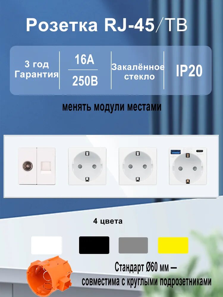 Розетка 4 поста с USB A и type-С -портами, 220V+ТВ+Интернет, рамка закаленное белый