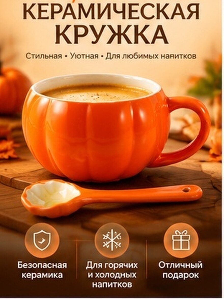 Керамическая Чашка В Форме Тыквы Набор 1 Шт С Ложкой Для Кофе И Воды Оранжевый 13X9.5X6.5Cm