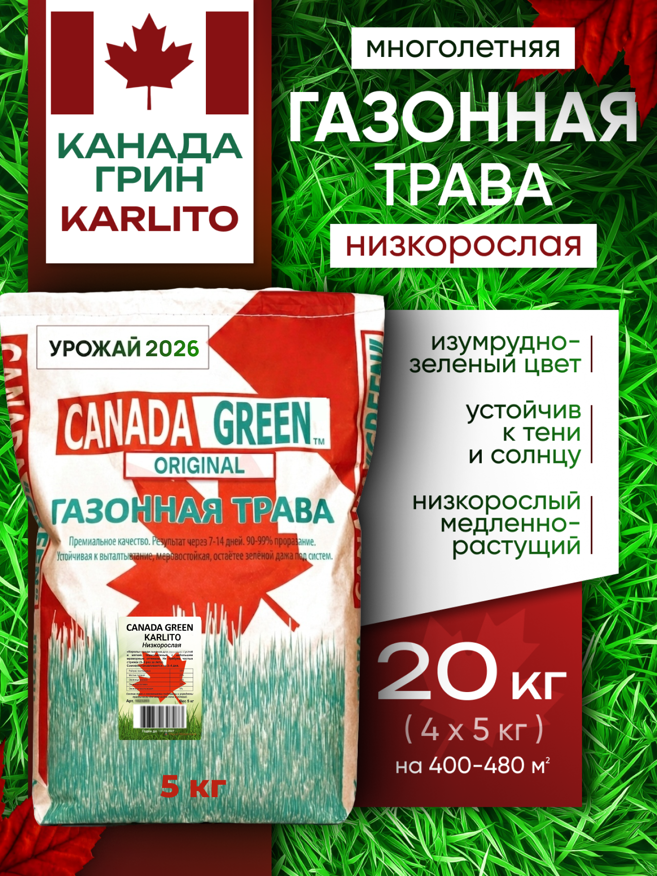 Газонная трава Канада Грин Низкорослая Карлито 20 кг / Canada Green Karlito / семена газона мятлик, овсяница