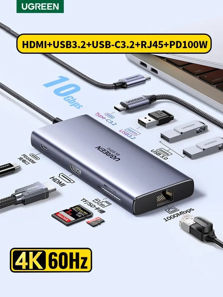Хаб Ugreen CM639 15532 Type-C 9в1 (HDMI 4K@60Hz, USB-A 3.2 1, USB-C 3.2 1, USB-A 3.0 2, Ethernet 1000Mbps, SD/TF, PD 100W)