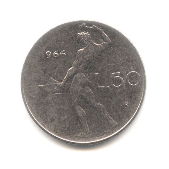 Коллекционная монета Италия 50 лир 1966, KM#95.1, аверс и реверс