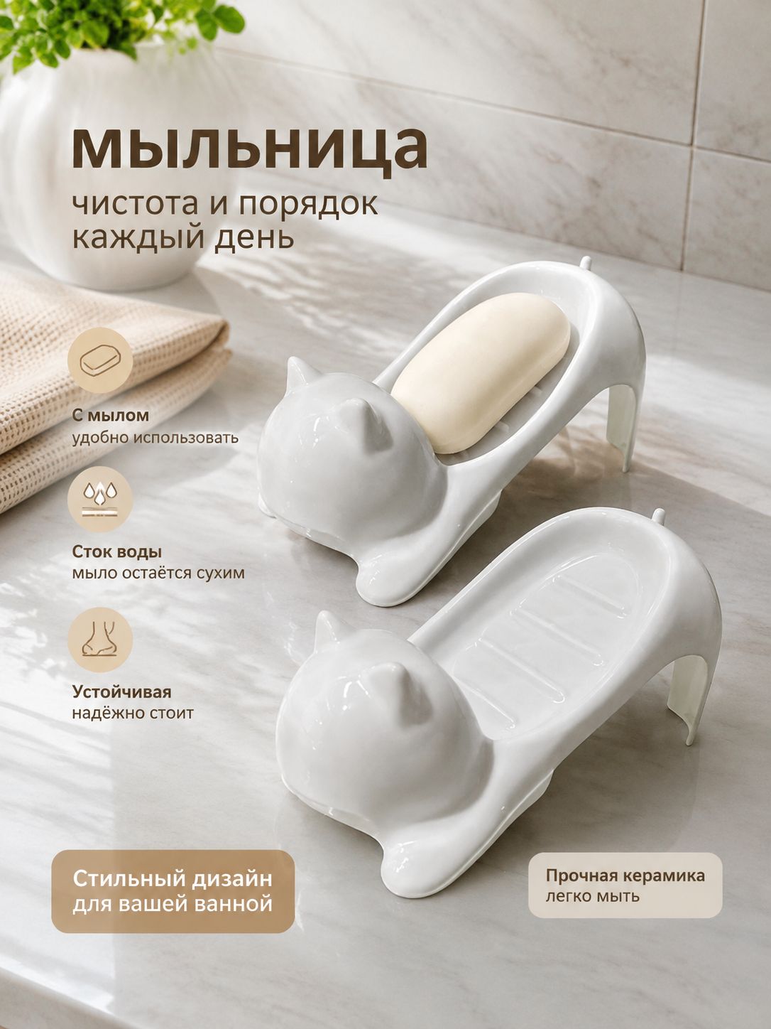 Прочная креативная мыльница в виде милого кота с подставкой, пластиковая для ванной с дренажем