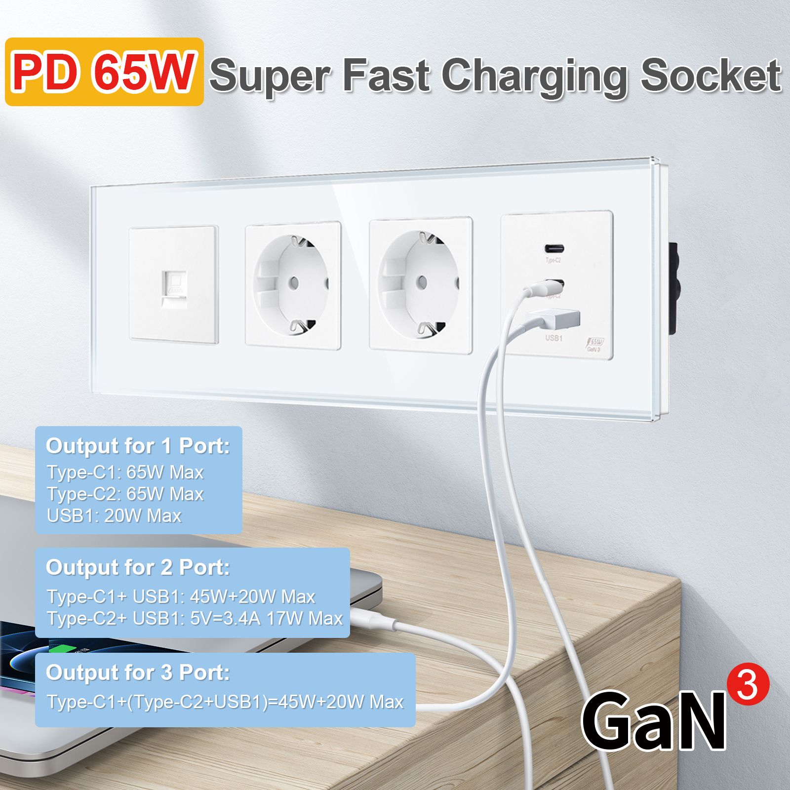 Розетка 4 поста с 2 USB/Type-C быстрая зарядка GaN PD 65W и 1 USB-A , цвет белый,1шт