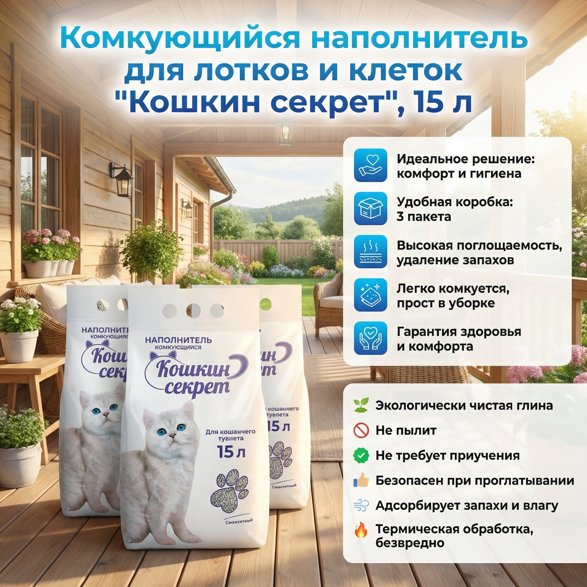 Кошкин Секрет наполнитель комкующийся новый стиль 3 шт по 5 литров