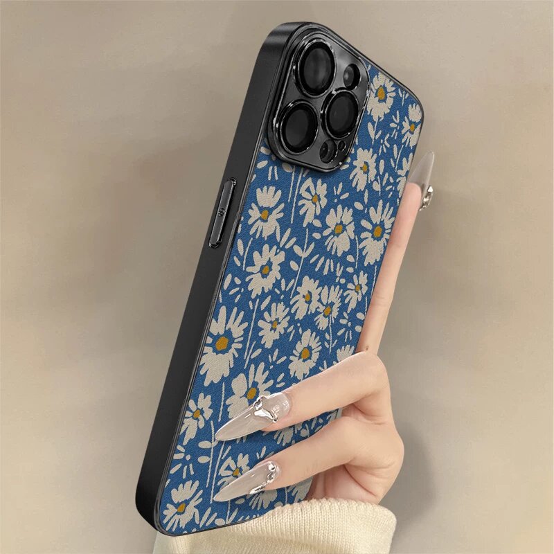 Чехол для iPhone 16 Pro Max с серым ободком, электрохромированный кожаный узор, дизайн ромашек