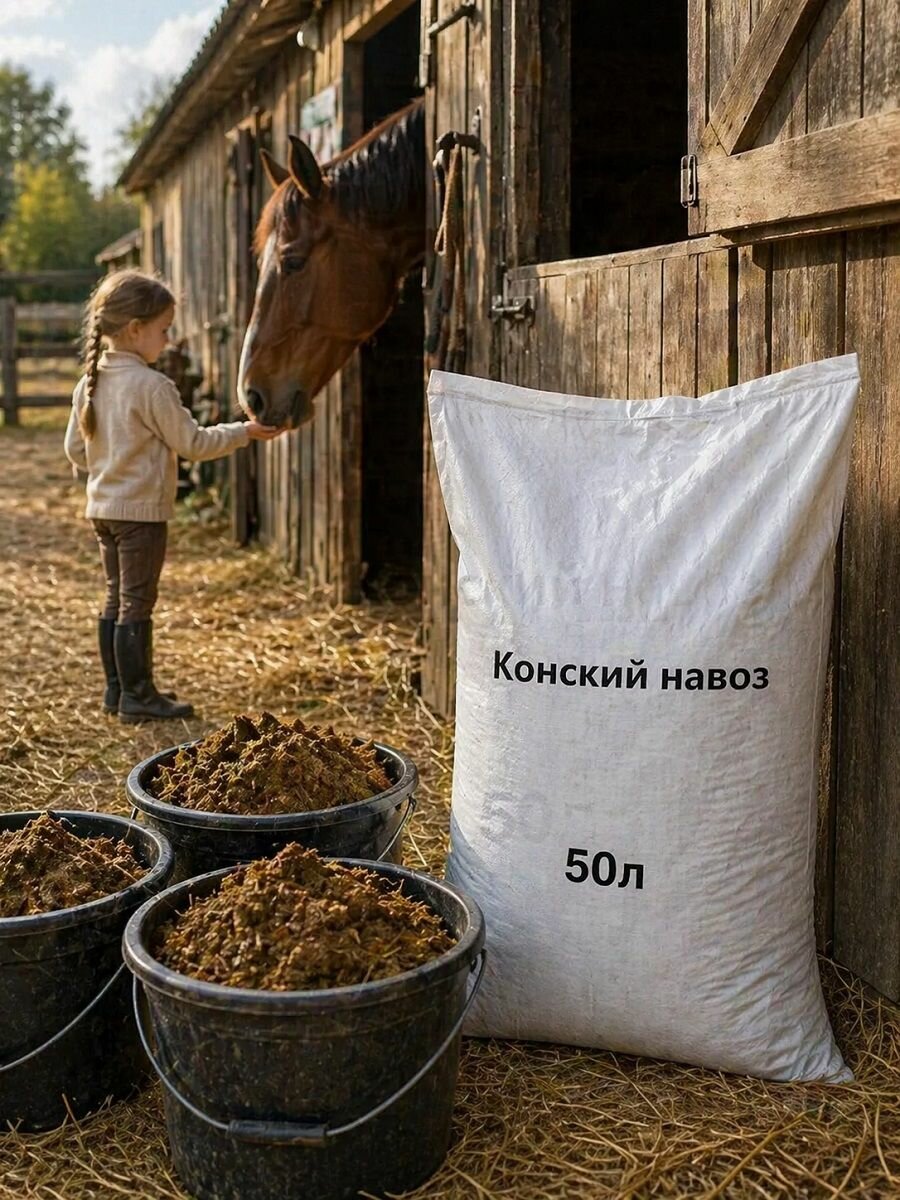 Конский навоз свежий в мешках 50 литров (удобрение для картофеля, огурцов, арбузов и других)