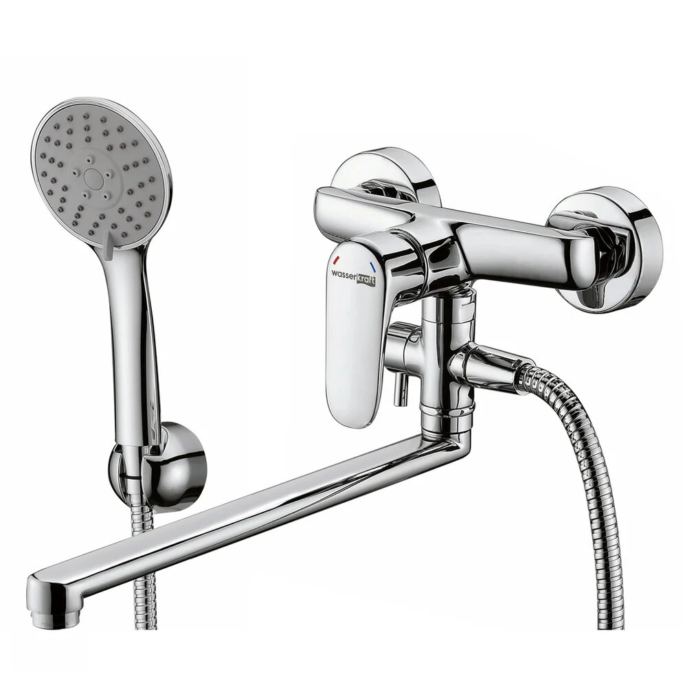 Смеситель для ванны с длинным изливом Wasserkraft Vils 5602L с душевым гарнитуром, поворотный, латунный, хром, глянцевый, смеситель для ванны с душем, рычажный, с настенным держателем