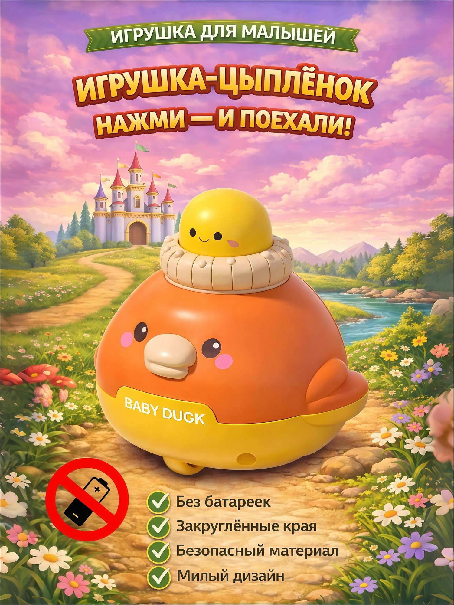 Игрушка-цыплёнок для малышей, нажимная, без батареек, 7,5 см