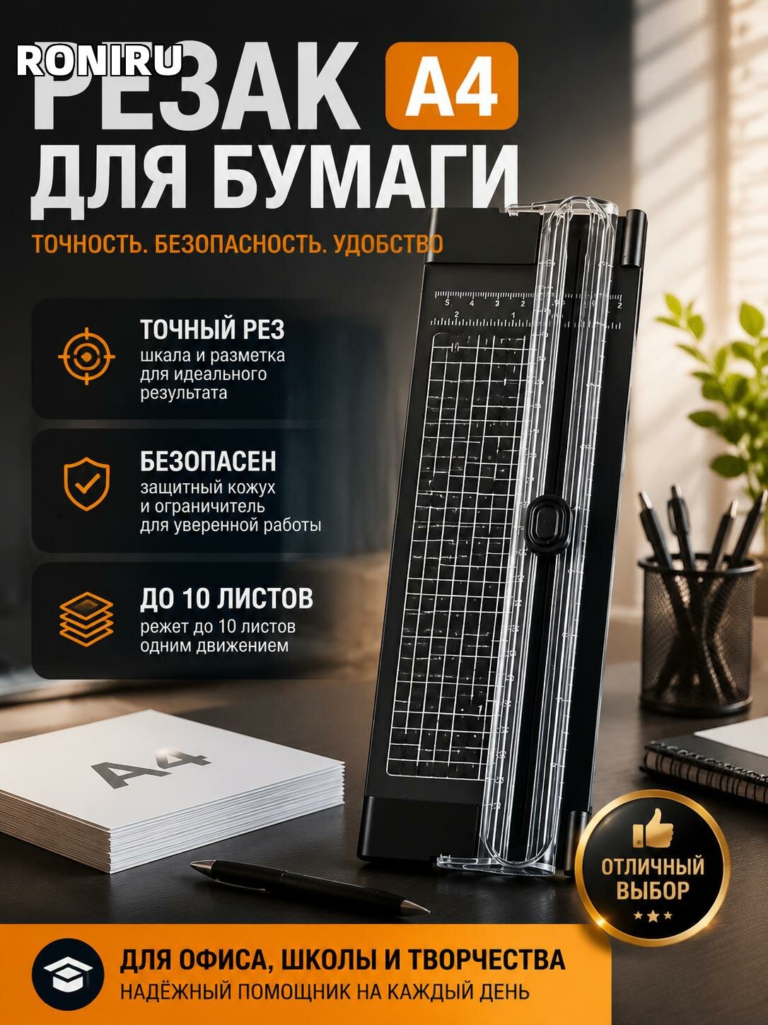 Резак для бумаги A4 — точный безопасный бумагорез для офиса, школы и творчества с ограничителем, 10 листов со шкалой