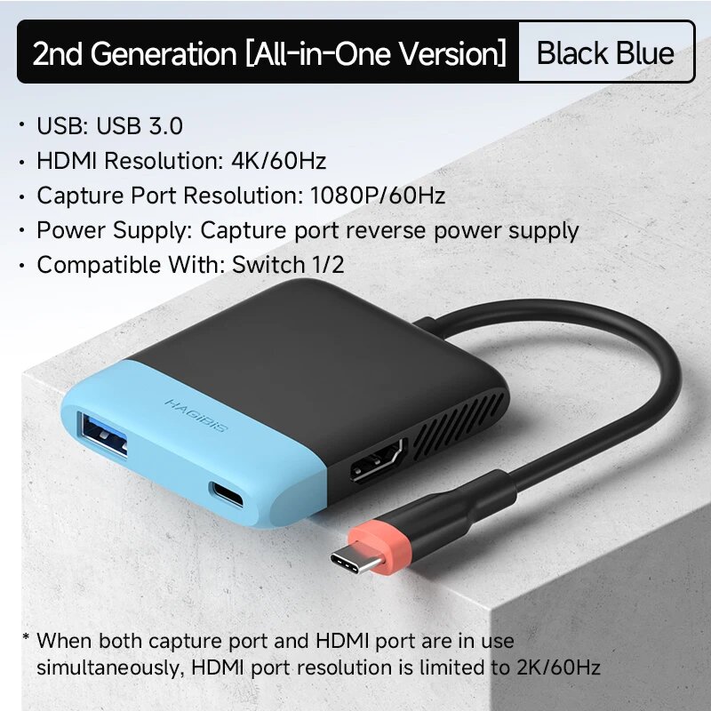 Портативный USB хаб Hagibis для Nintendo Switch Синий, All in 1 Black Blue