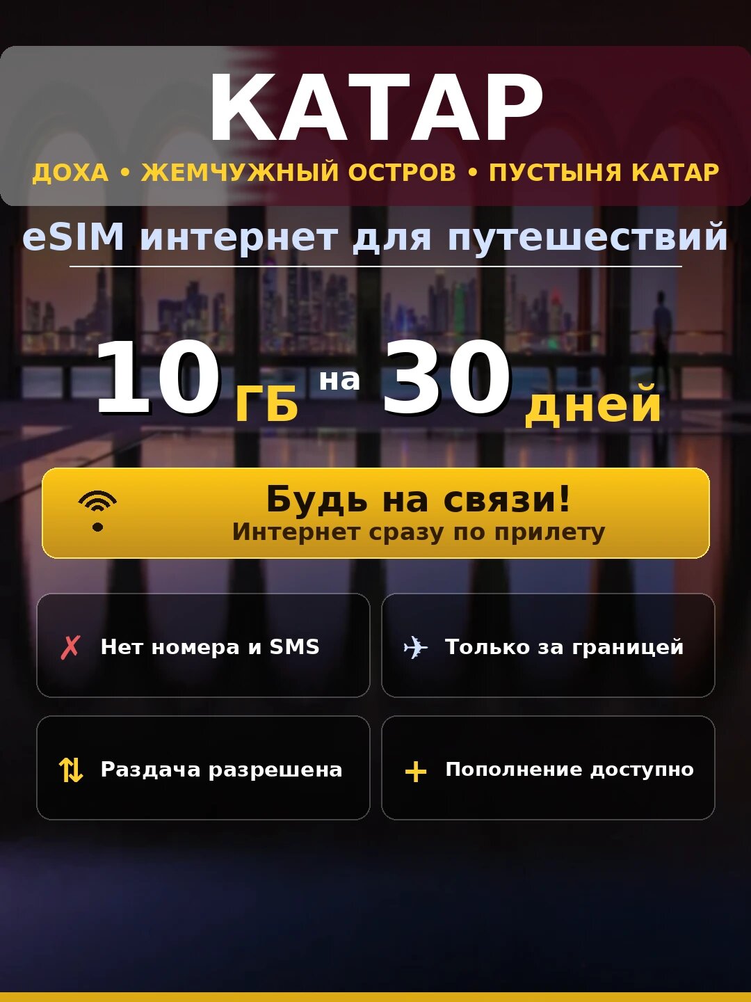 ESIM Катар — мобильный интернет 10 ГБ на 30 дней | виртуальная SIM-карта для путешествий