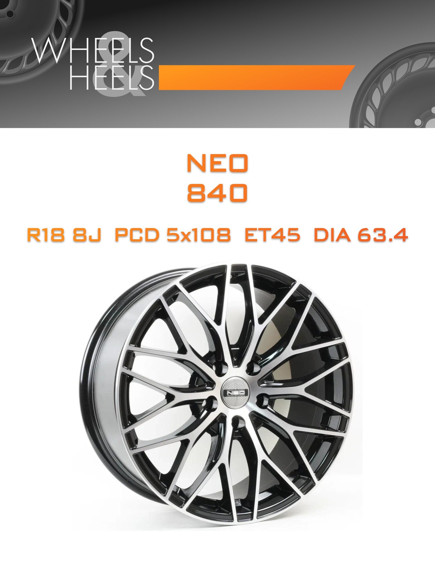 Диск автомобильный литой NEO 840 18x8 5x108 et45 dia63.4 Чёрный матовый с полированной лицевой частью
